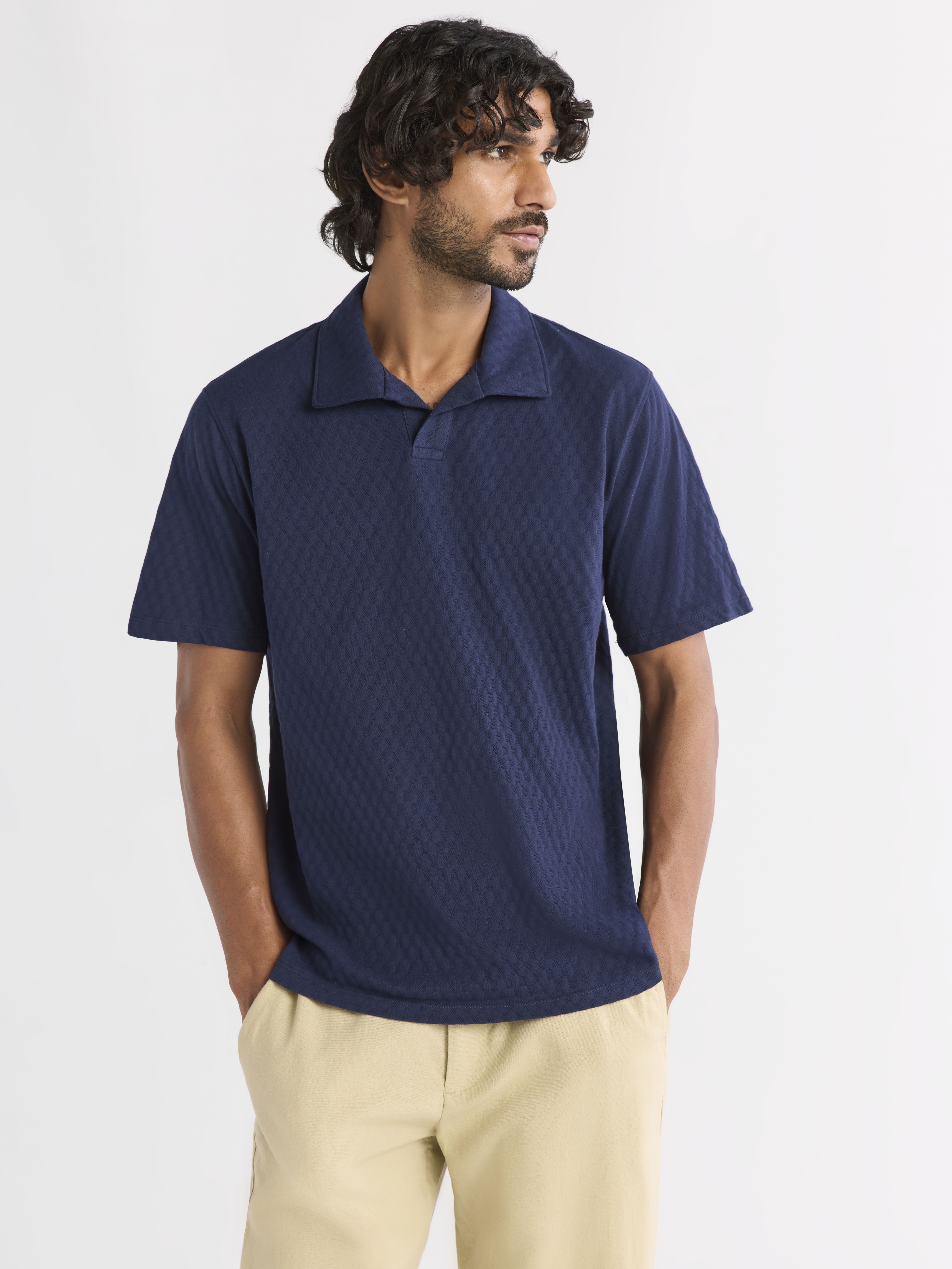 Free Assembly Men's Textured Cotton Johnny Collar Polo Shirt with Short ...