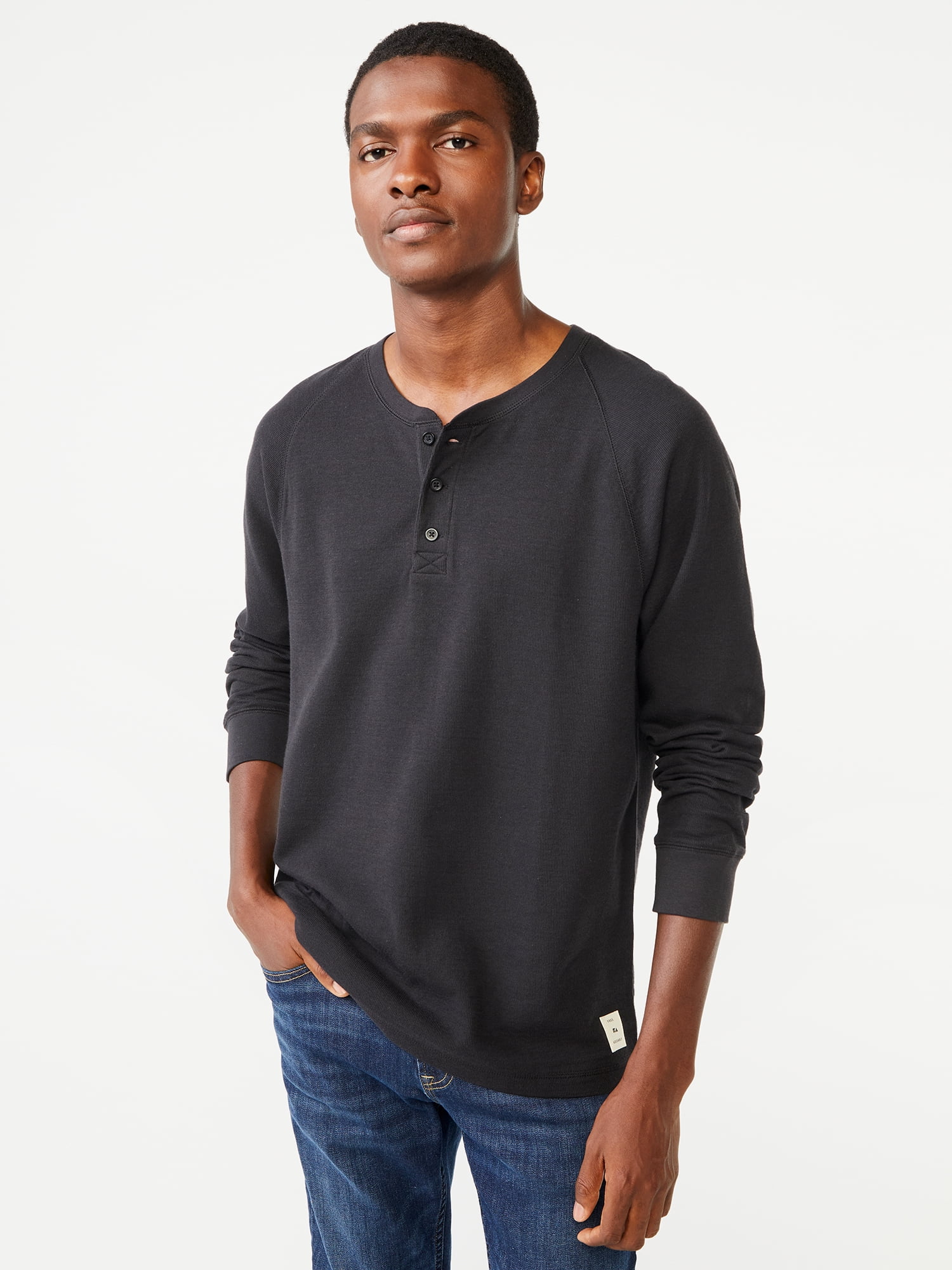Free Assembly Men's Textured Duo Raglan Henley Shirt with Long Sleeves ...