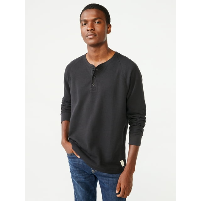 Free Assembly Men's Textured Duo Raglan Henley Shirt with Long Sleeves ...