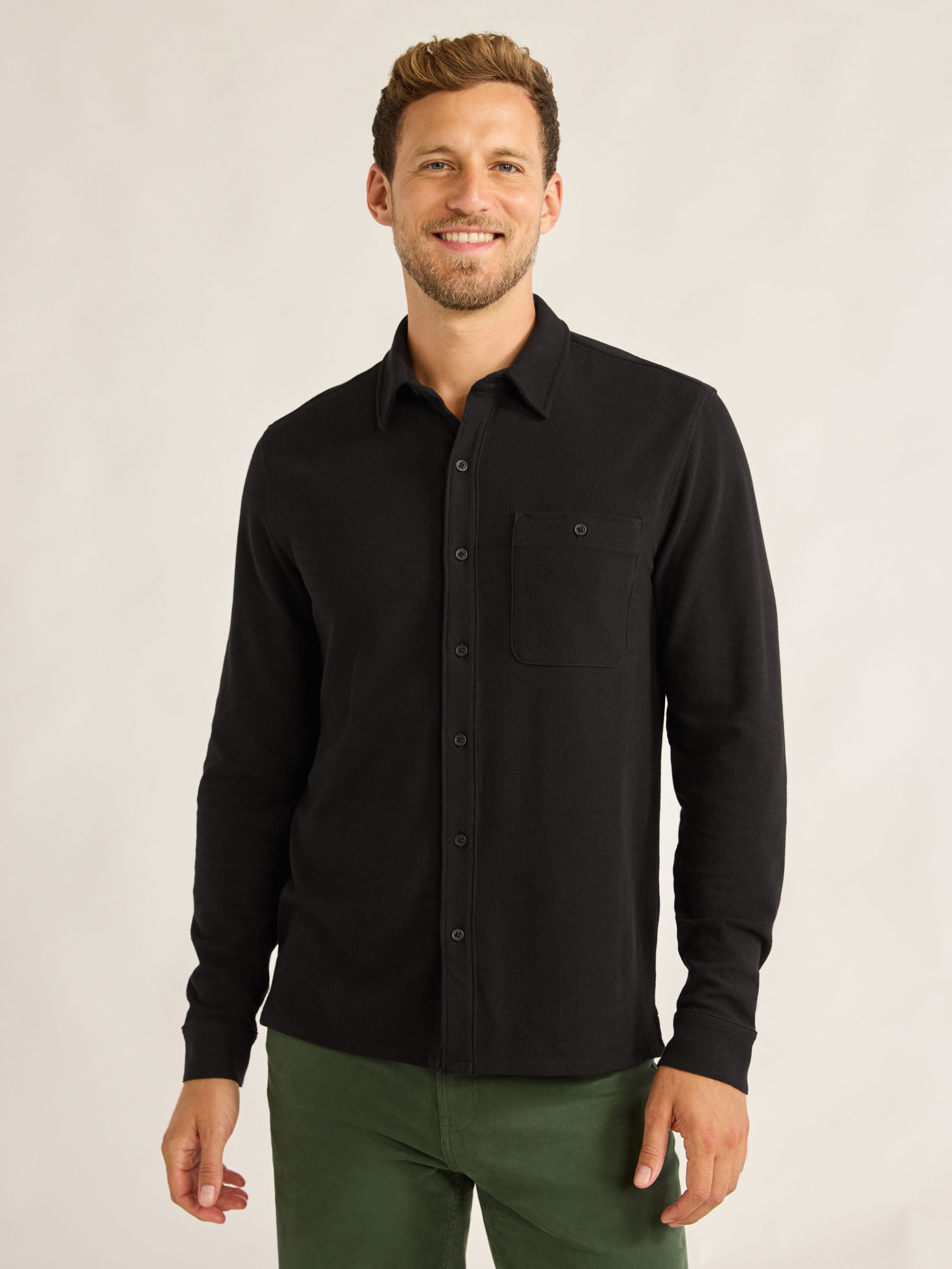 Free Assembly Men's Waffle Knit Polo Shirt with Long Sleeves and Pocket ...
