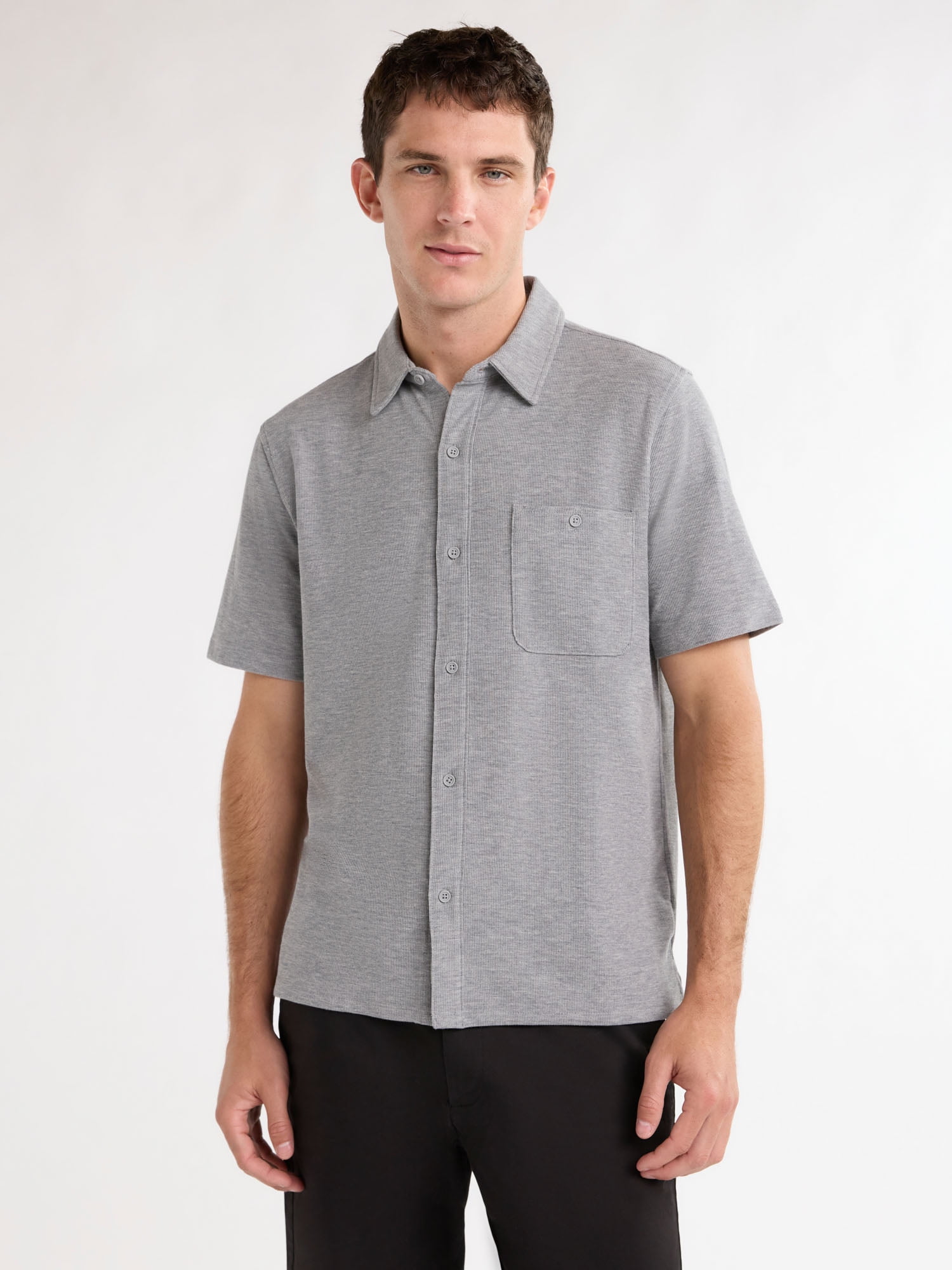 Free Assembly Men's Waffle Knit Button-Up Shirt with Short Sleeves ...