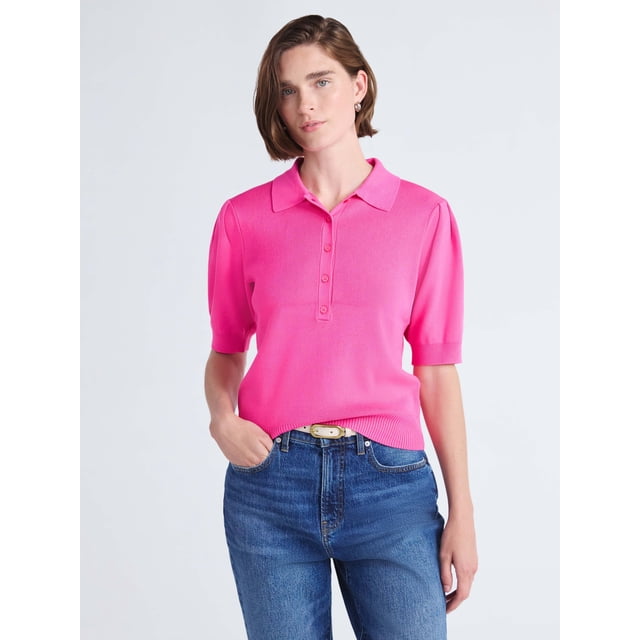 Free Assembly Women's Collared Sweater Tee with Puff Sleeves ...