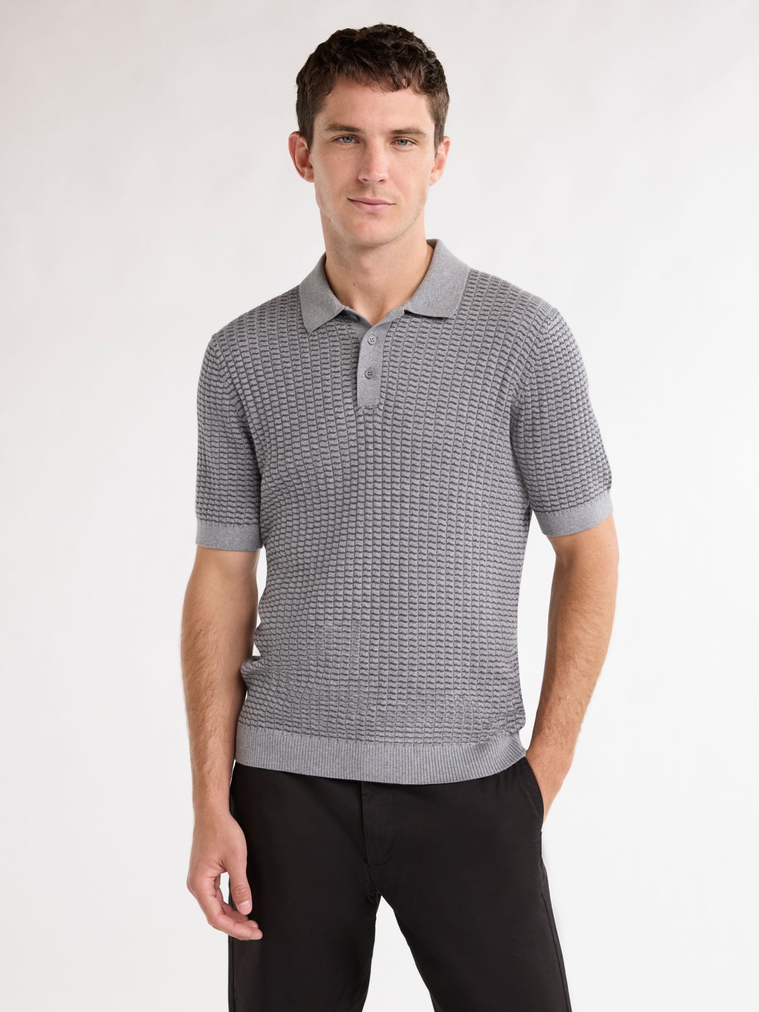 Free Assembly Men’s Cozy Yarn Textured Sweater Polo with Short Sleeves ...