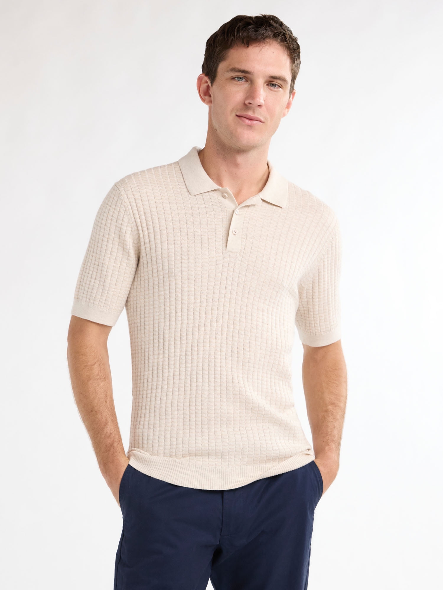 Free Assembly Men’s Cozy Yarn Textured Sweater Polo with Short Sleeves ...