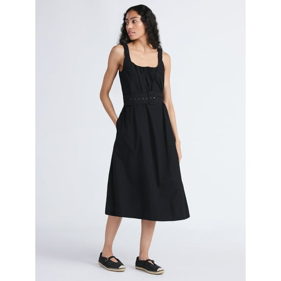 Free Assembly Women's Belted Cotton Utility Midi Dress Sleeveless with ...