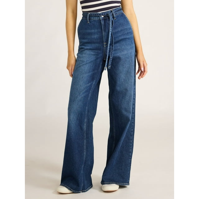 Free Assembly Women’s Belted Wide Leg Trouser Jeans, 31” Inseam, Sizes ...