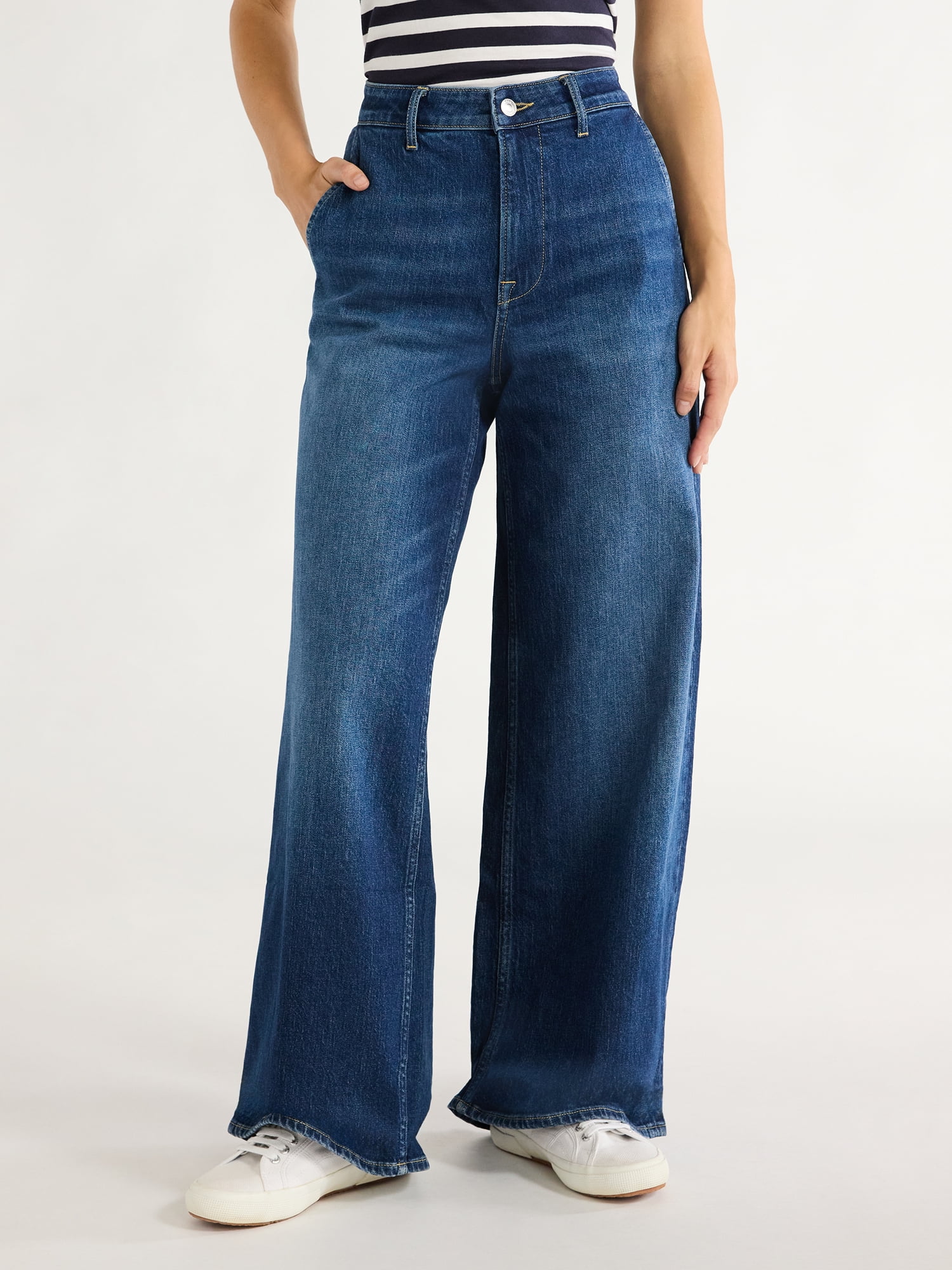 Free Assembly Women’s Belted Wide Leg Trouser Jeans, 31” Inseam, Sizes ...