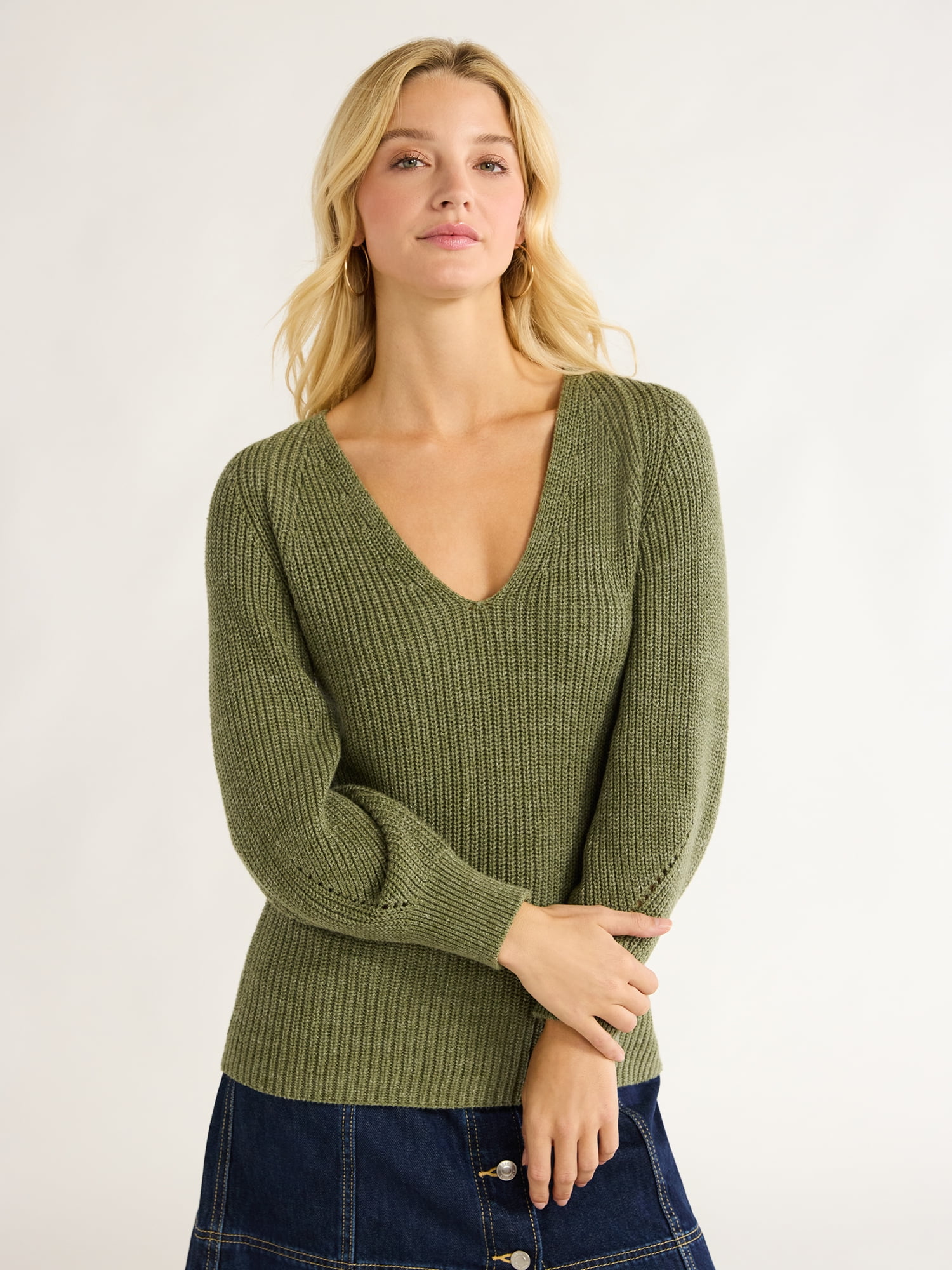 Free Assembly Women's V-Neck Sweater with Long Puff Sleeves, Midweight ...