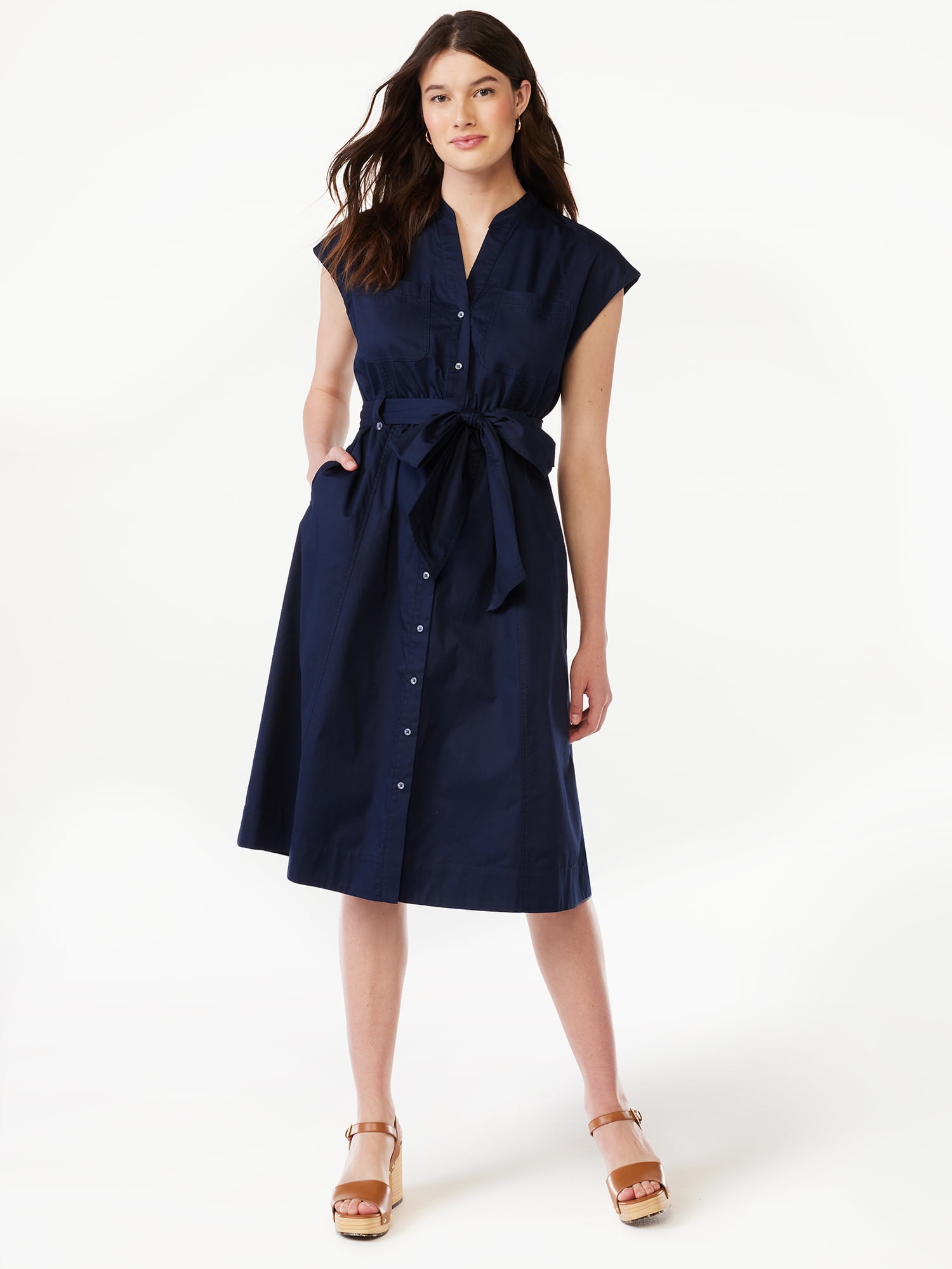 Free Assembly Women’s Belted Midi Shirt Dress with Short Sleeves, Sizes ...