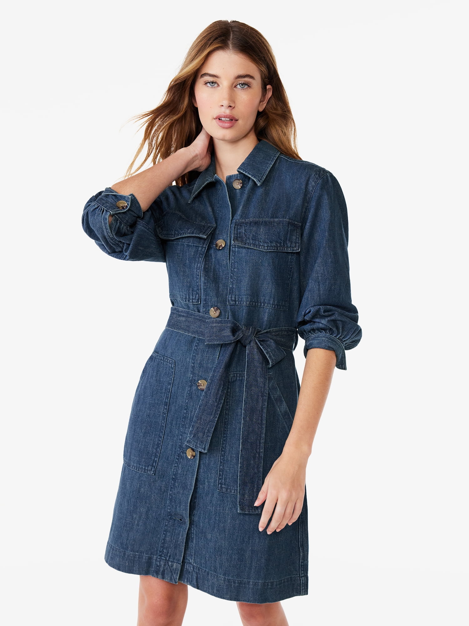 Free Assembly Women's Belted Utility Mini Dress with Long Sleeves ...