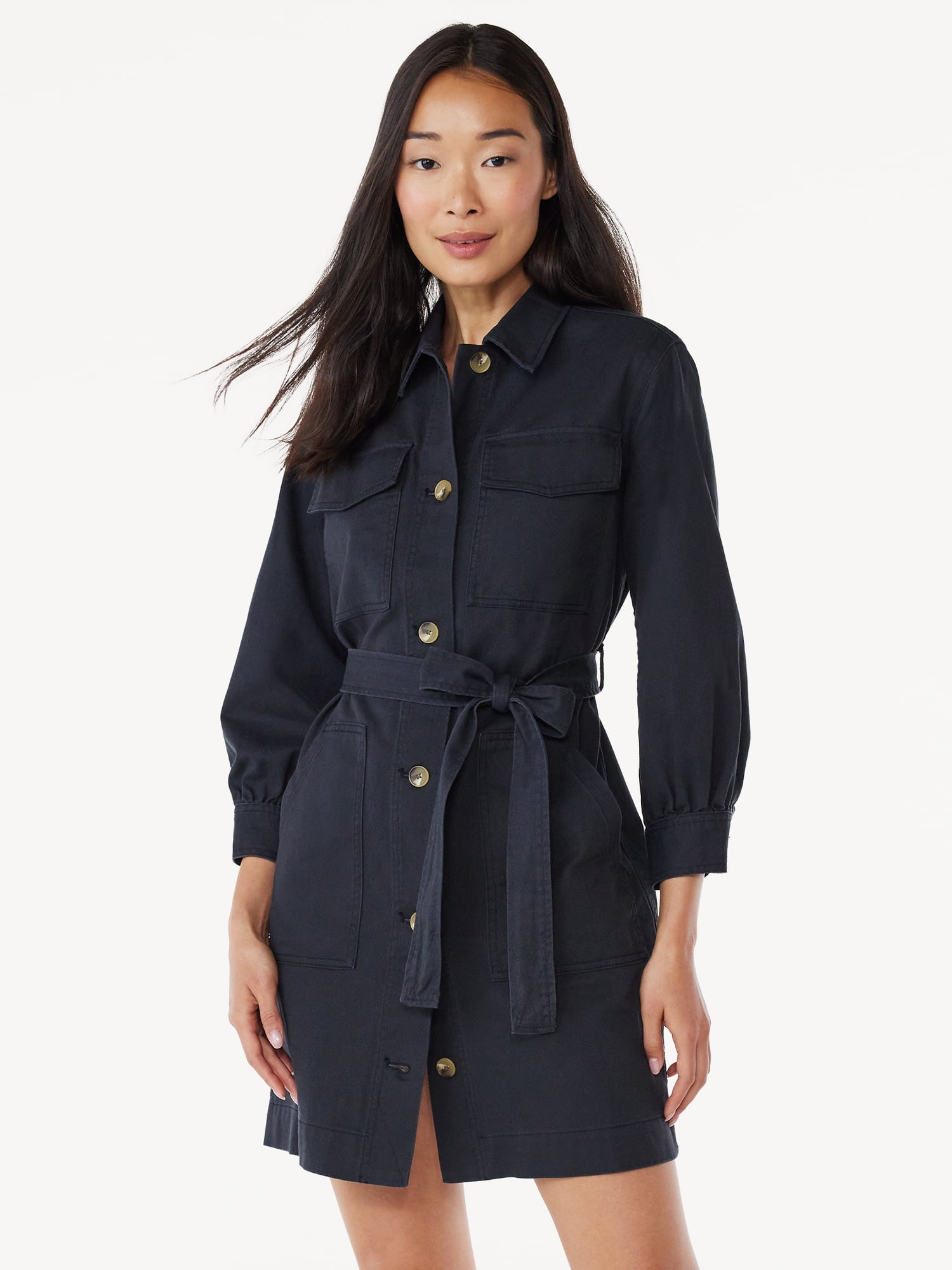 Free Assembly Women's Belted Utility Mini Dress with Long Sleeves ...