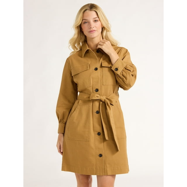 Free Assembly Women's Belted Utility Mini Dress with Long Sleeves ...