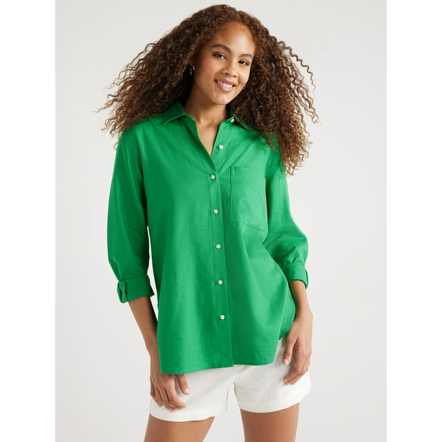 Free Assembly Women’s Boxy Button-Down Tunic Top with Long Sleeves ...