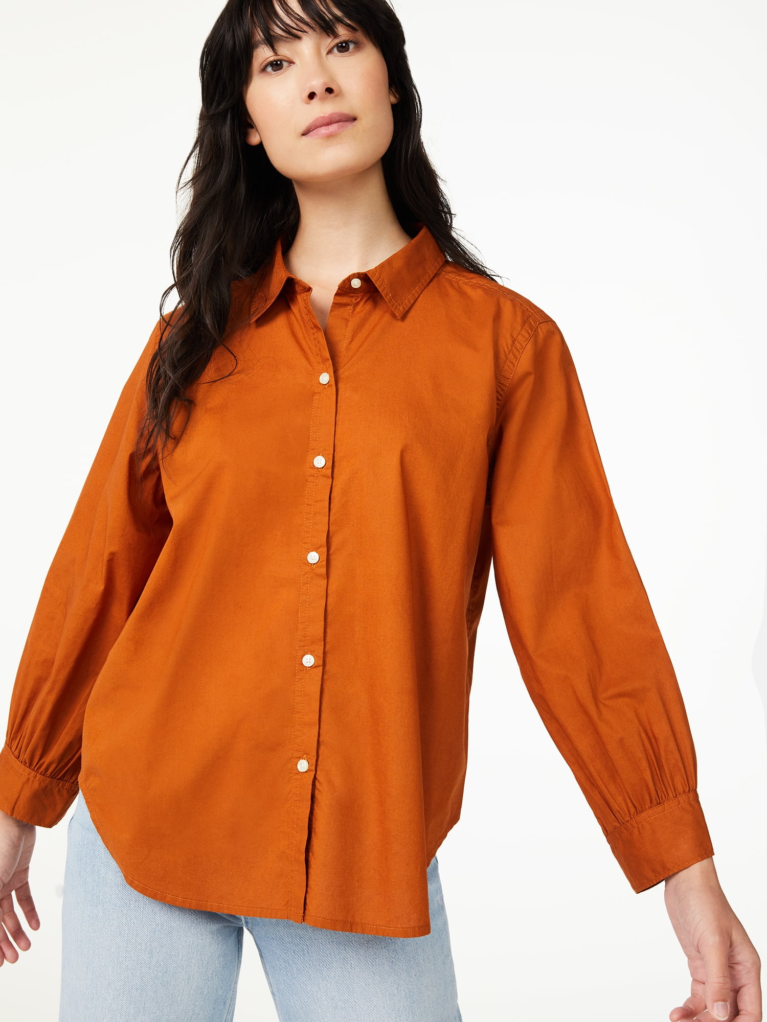 Free Assembly Women's Button-Front Blouse with Blouson Sleeves ...