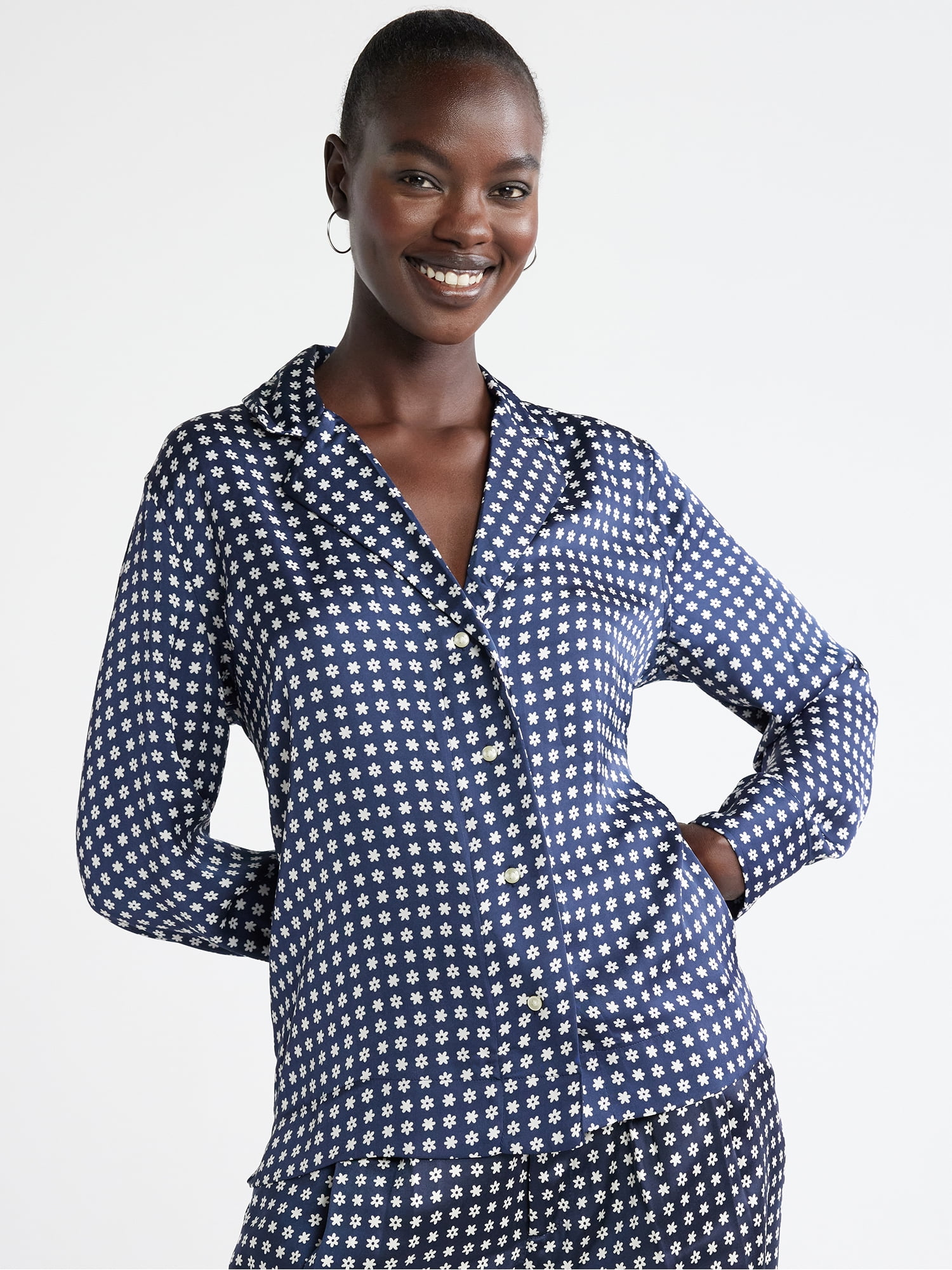 Free Assembly Women's Button Front Satin Blouse with Long Sleeves ...