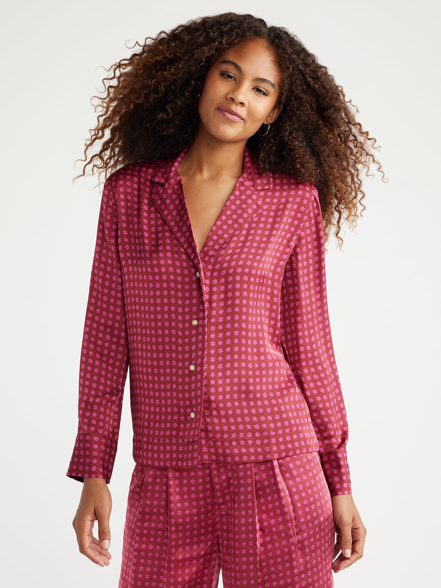 Free Assembly Women's Button Front Satin Blouse with Long Sleeves ...