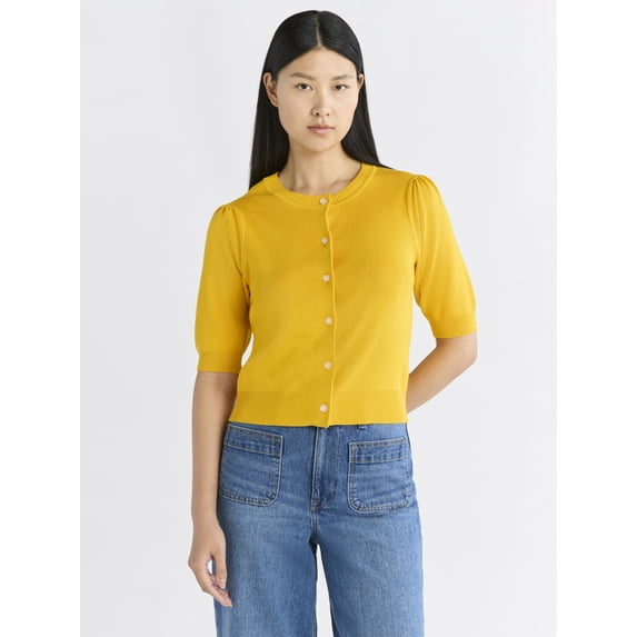 Free Assembly Women's Cardigan Sweater with Puff Sleeves, Lightweight ...