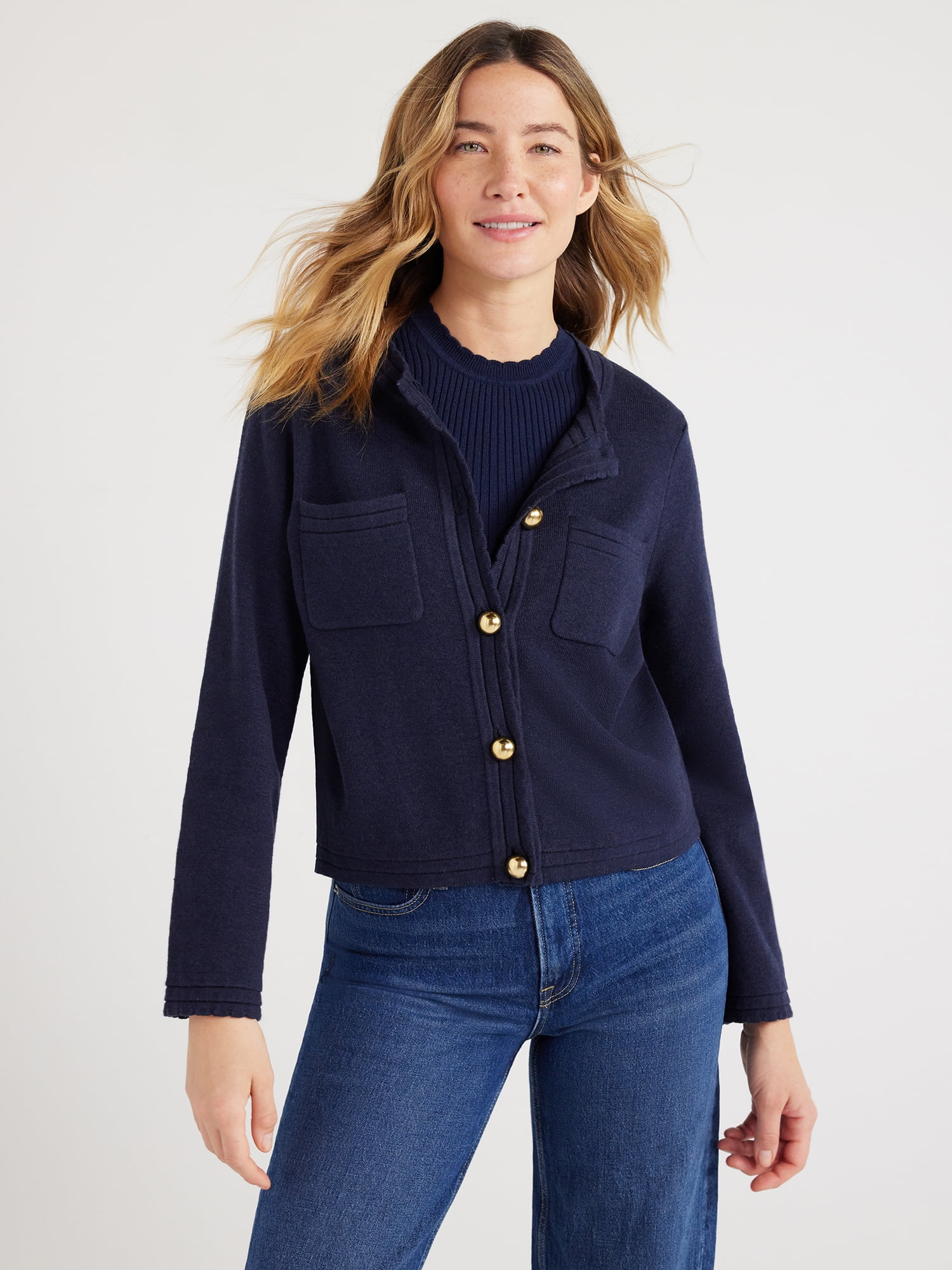 Free Assembly Women's Chest Pocket Cardigan Sweater with Long Sleeves ...