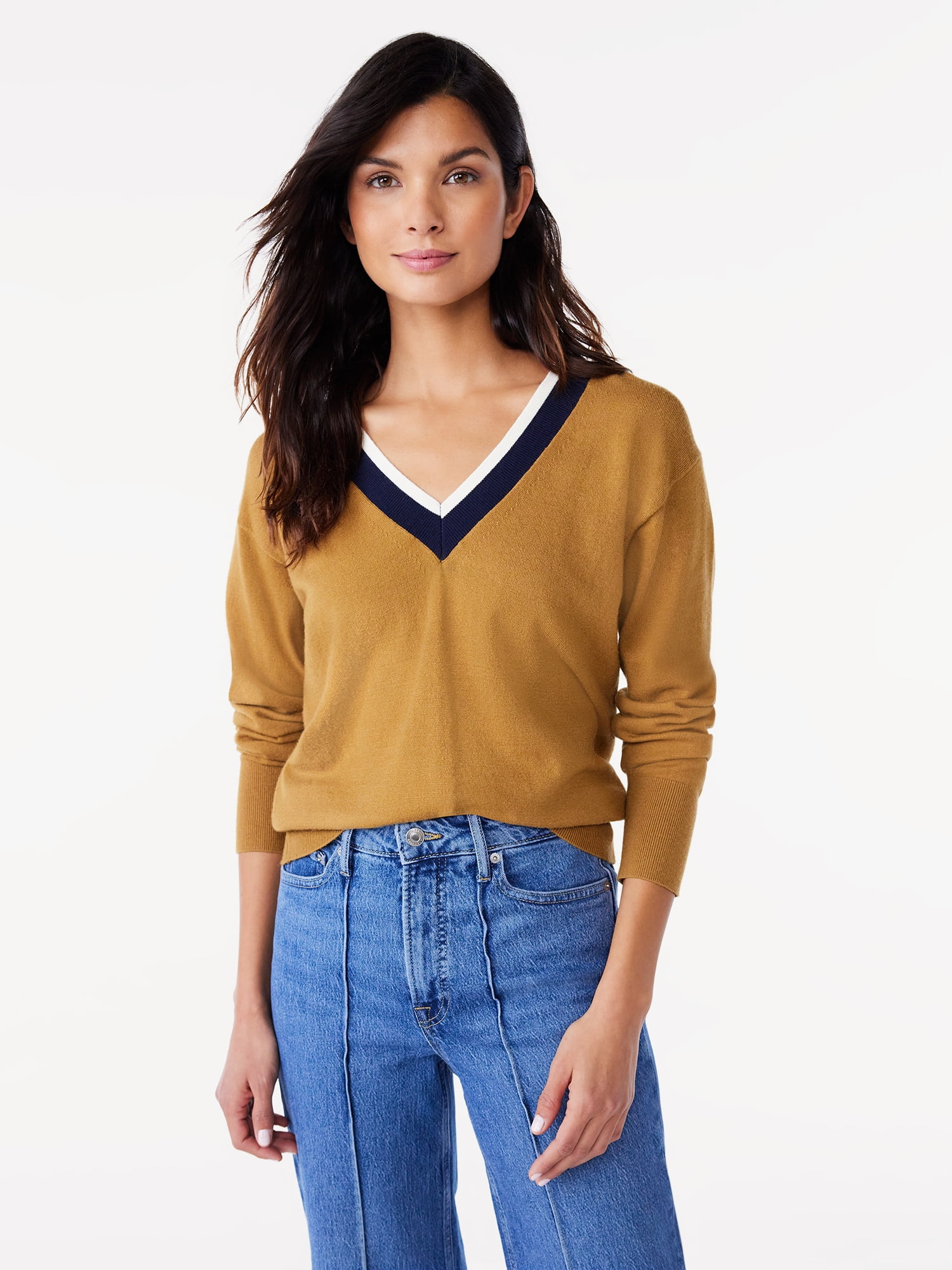 Free Assembly Women’s Contrast V-Neck Sweater with Long Sleeves ...