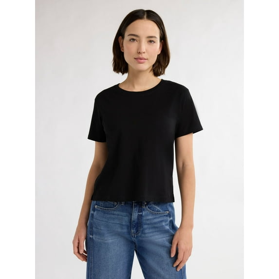 Free Assembly Women's Cotton Cropped Boxy Tee with Short Sleeves, Sizes ...