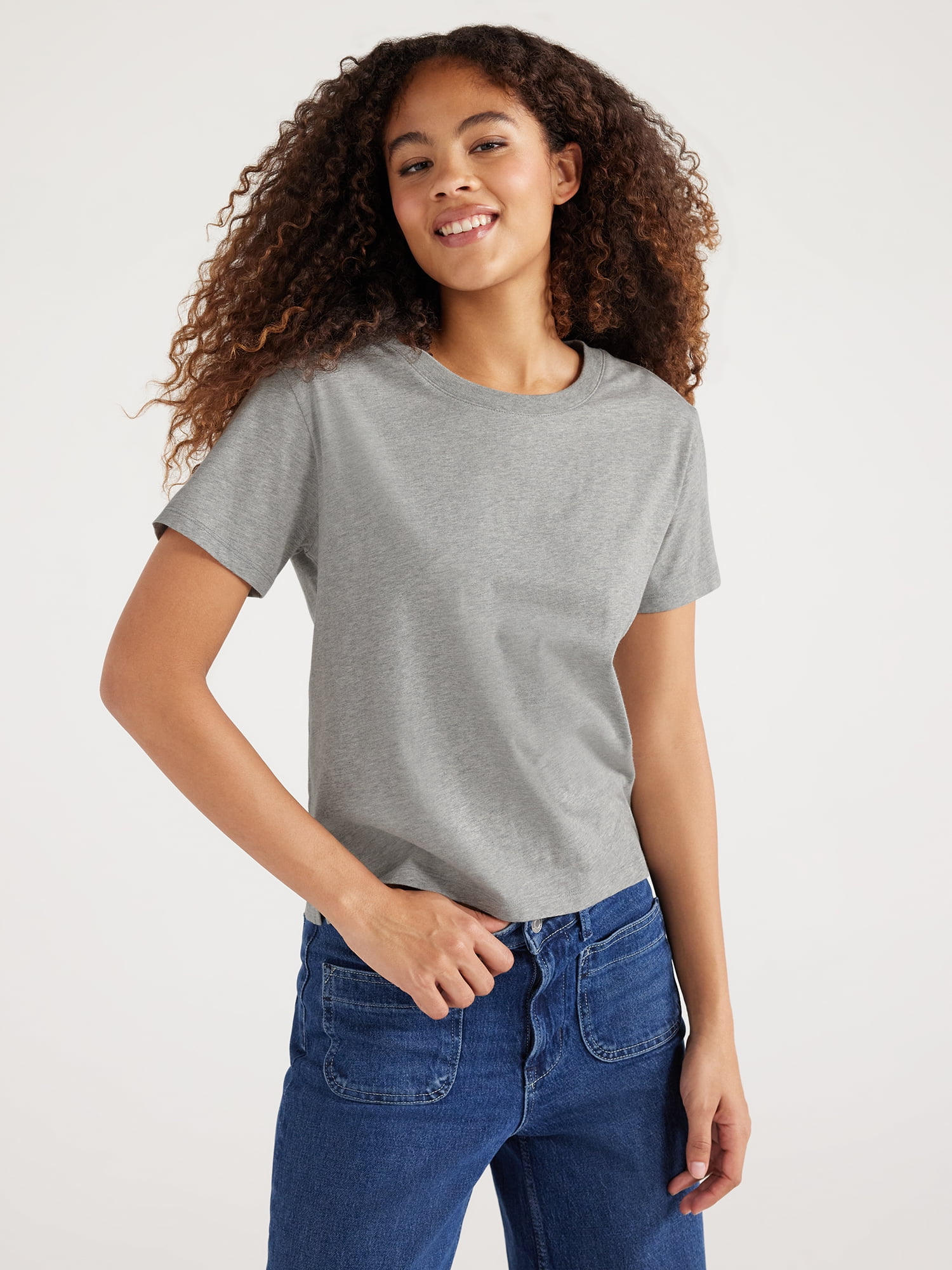 Free Assembly Women's Organic Cotton Boxy Tee, Short Sleeves, Cropped ...