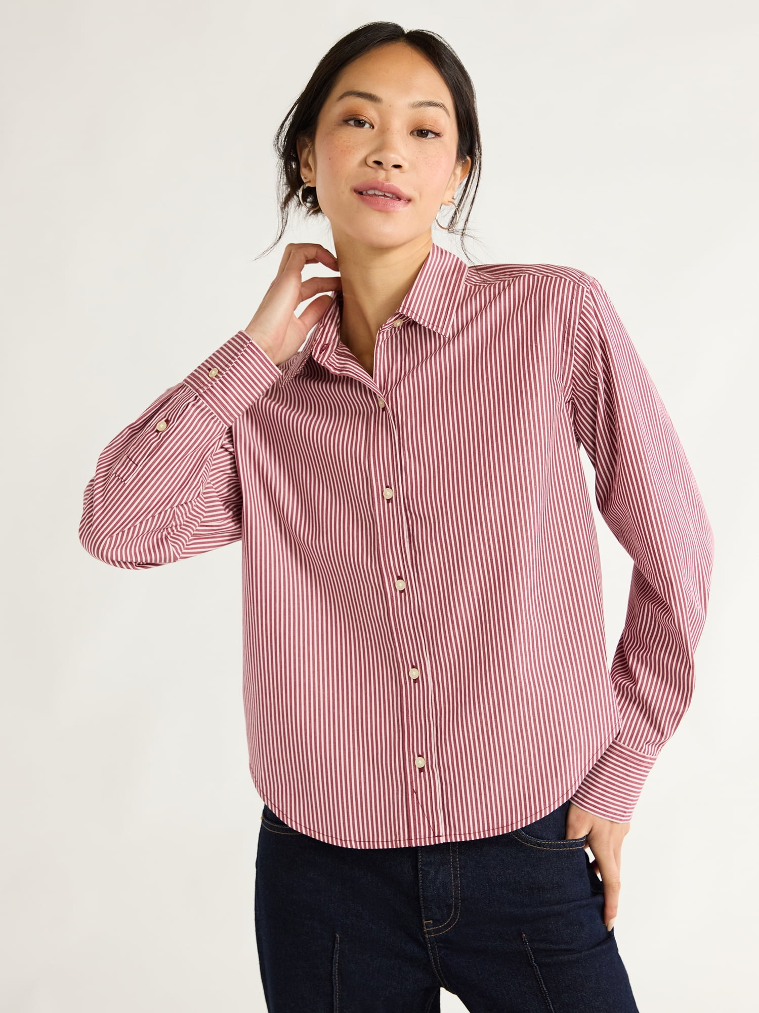 Free Assembly Women’s Cotton Cropped Button Down Shirt with Long ...