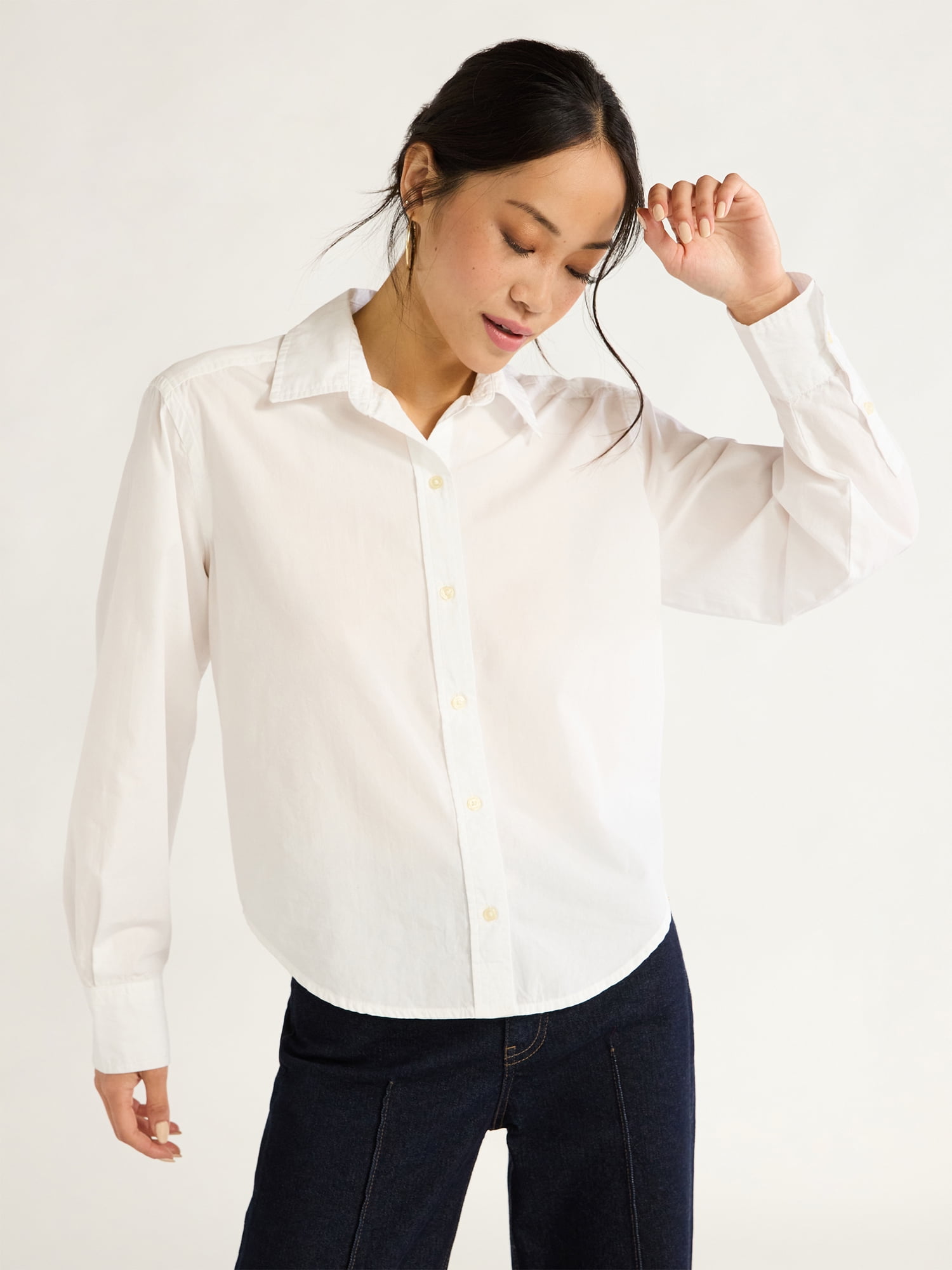 Free Assembly Women’s Cotton Cropped Button Down Shirt with Long ...