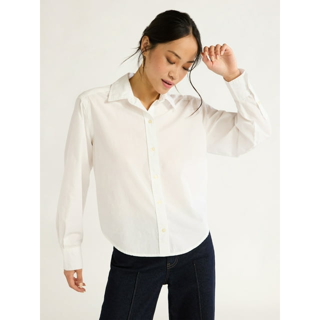 Free Assembly Women’s Cotton Cropped Button Down Shirt with Long ...