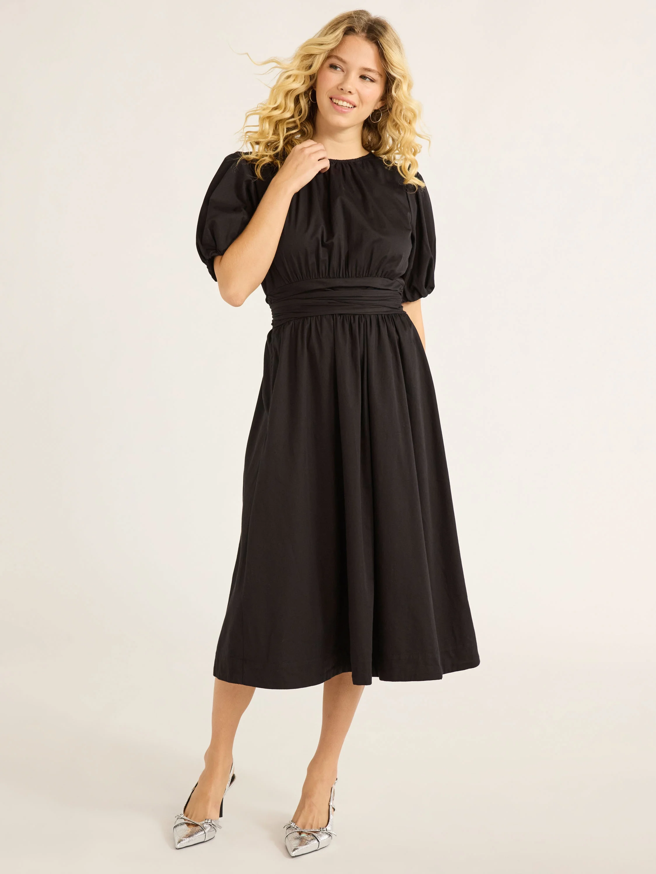 Free Assembly Women's Organic Cotton Midi Wrap Dress with Short Sleeves ...