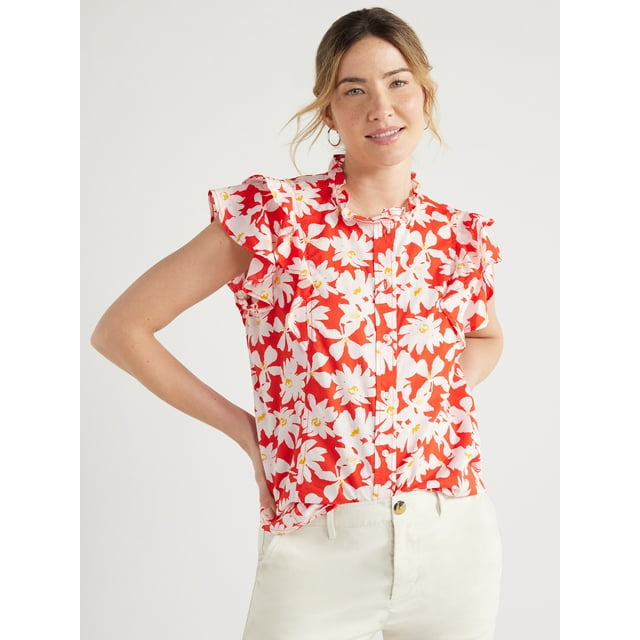 Free Assembly Women's Ruffle Crewneck Cotton Blouse, Sizes XS-XXL ...