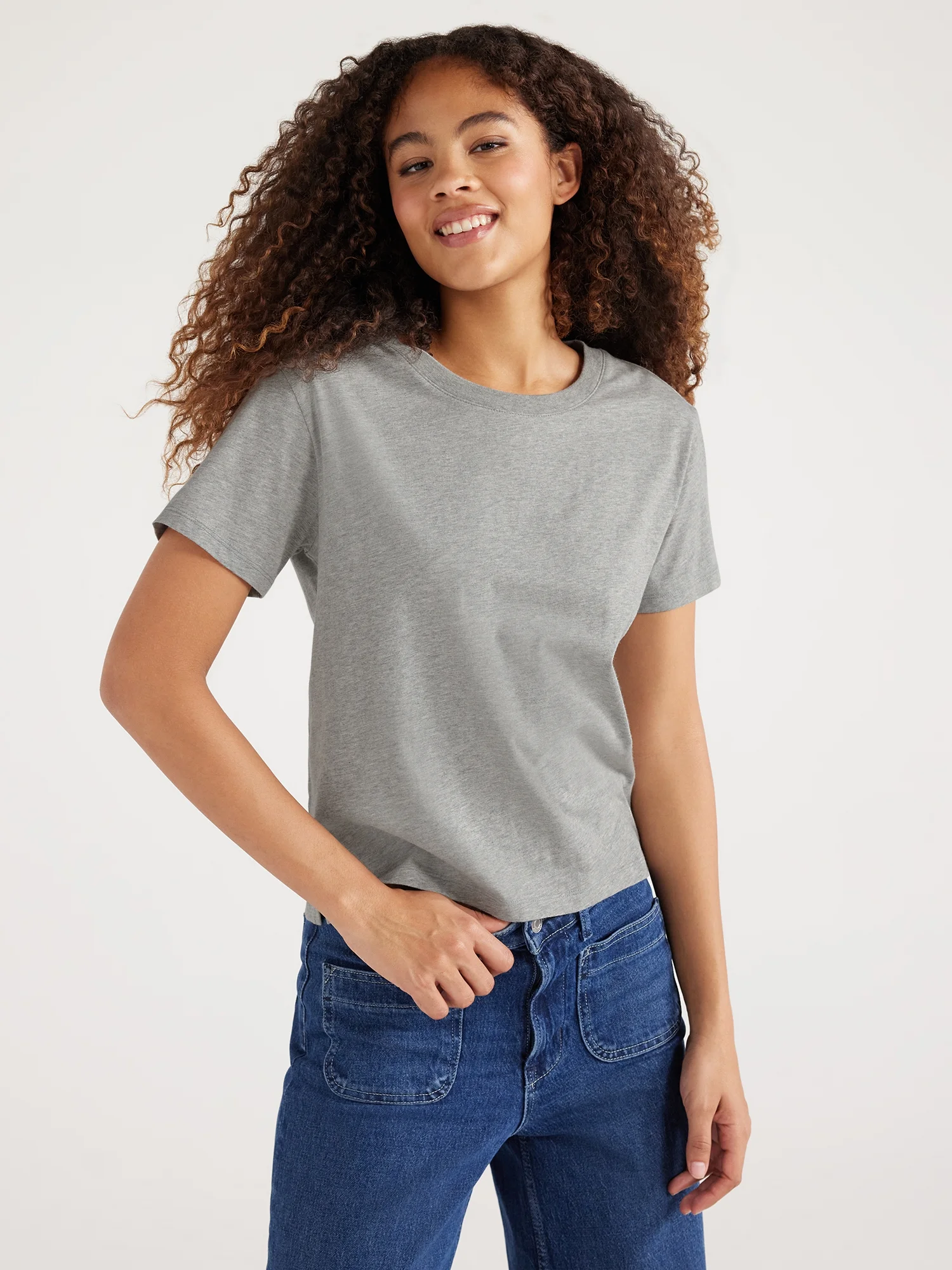 Free Assembly Women's Cotton Cropped Boxy Tee with Short Sleeves, Sizes ...