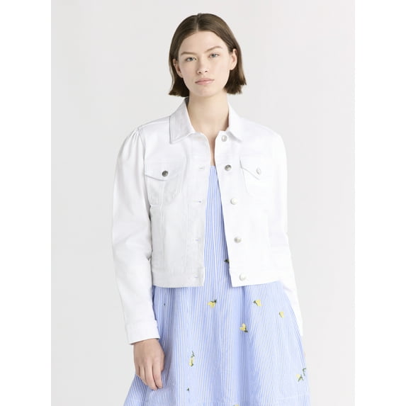 Free Assembly Women's Cropped Denim Jacket with Puff Sleeves, Sizes XS ...