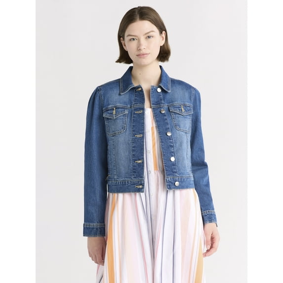 Free Assembly Women's Cropped Denim Jacket with Puff Sleeves Sizes XS ...