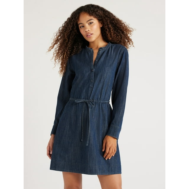 Free Assembly Women’s Denim Ruffle Neck Mini Dress - Walmart.com