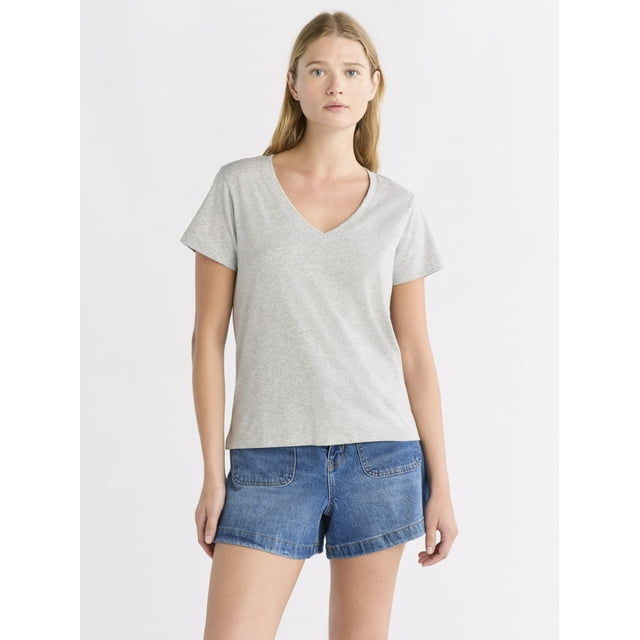 Free Assembly Women's Cotton V-Neck Tee with Short Sleeves, Sizes XS ...