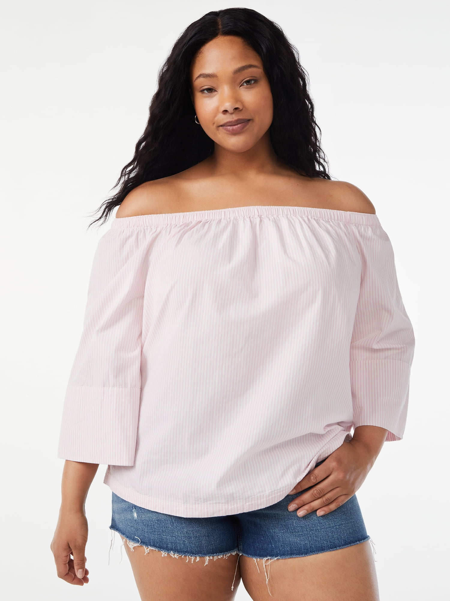 Free Assembly Women's Off-The-Shoulder Elasticized Top with 3/4-Sleeves ...