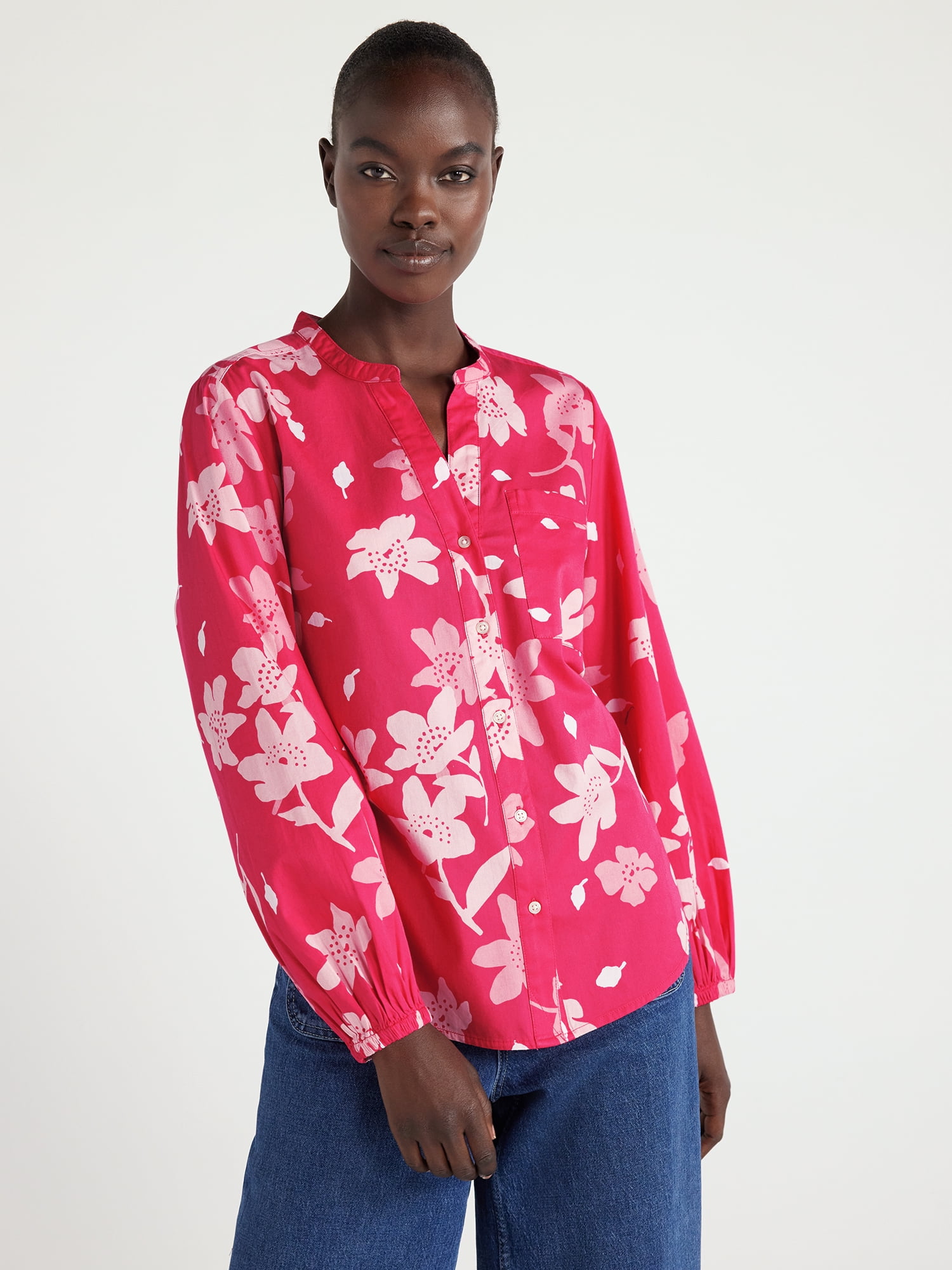 Free Assembly Women’s Floral Split Neck Button Front Shirt with Long ...