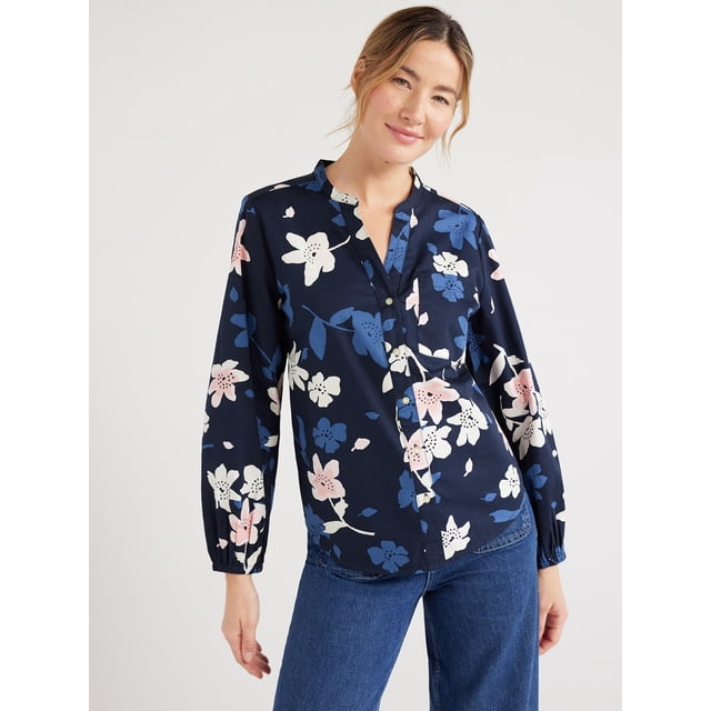 Free Assembly Women’s Floral Split Neck Button Front Shirt with Long ...