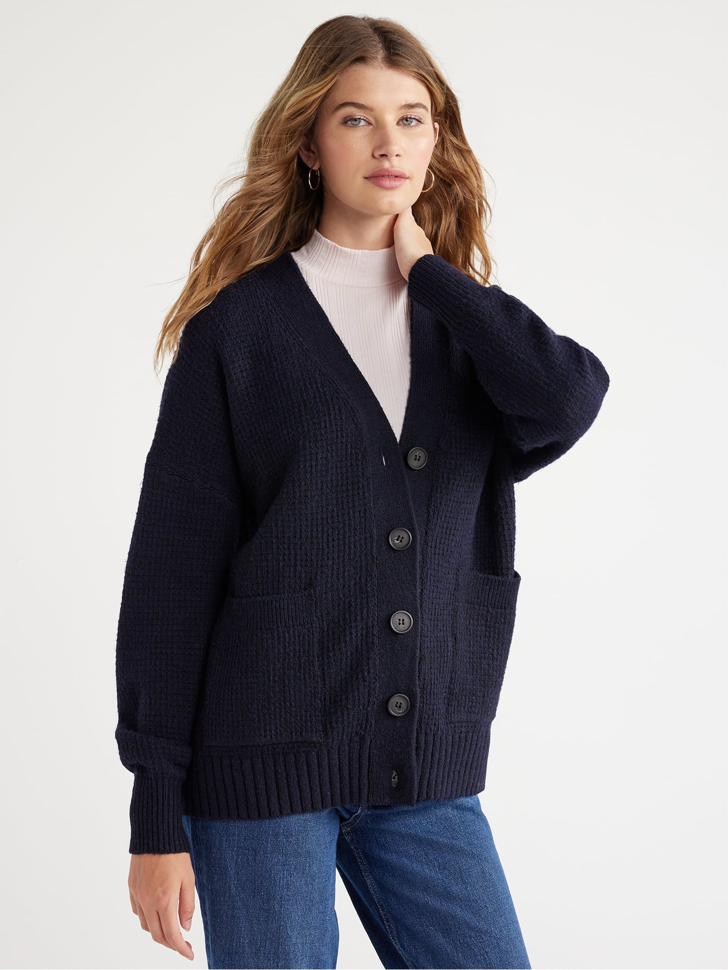 Free Assembly Women's Grandpa Cardigan Sweater with Long Sleeves, Midweight, Sizes XS-XXXL ...