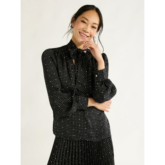 Free Assembly Women’s Bow Tie Blouse with Long Sleeves, Sizes XS-XXL ...