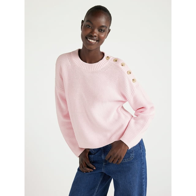 Free Assembly Women's Long Sleeve Button Shoulder Sweater, Midweight ...