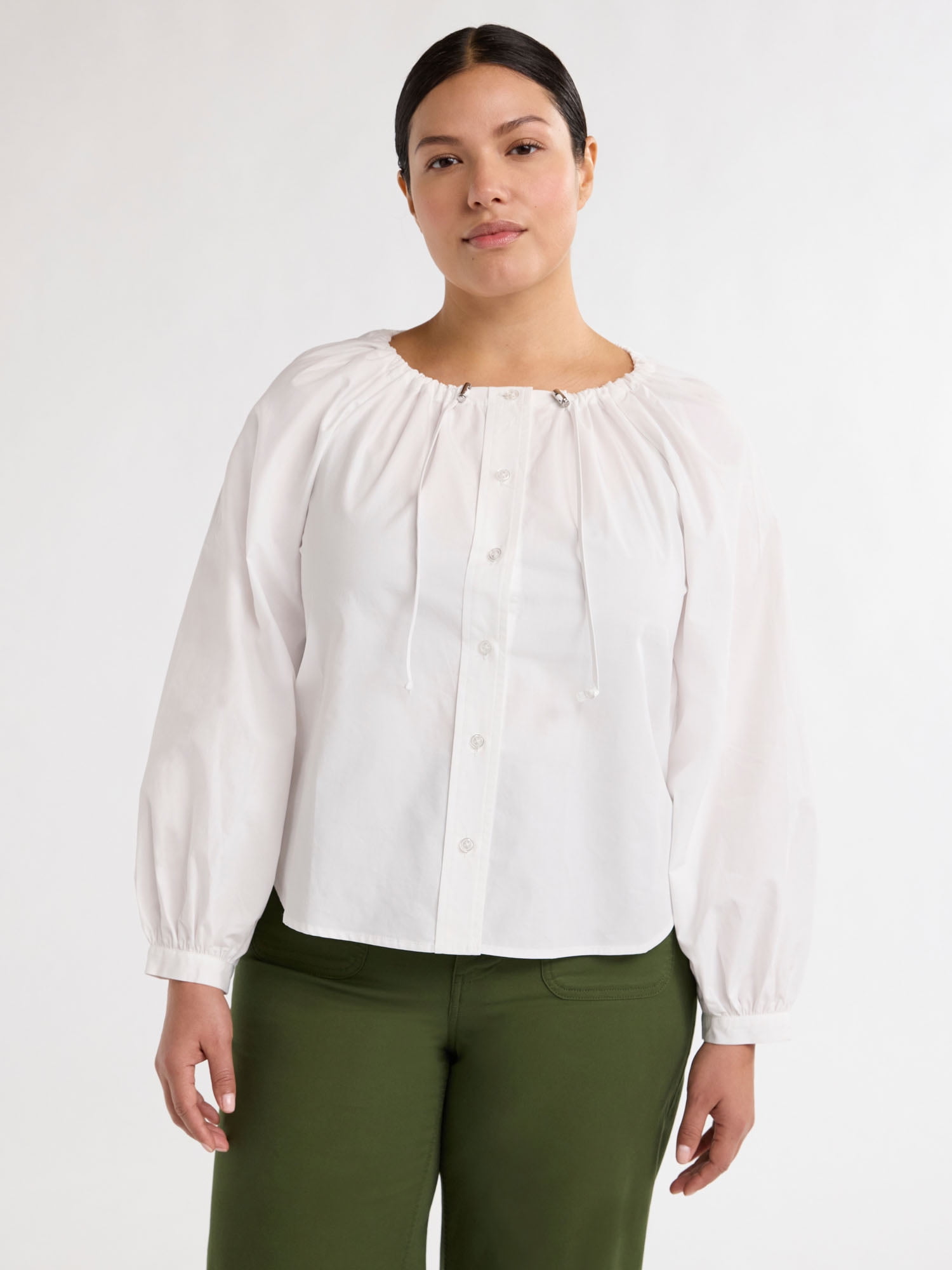 Free Assembly Women's and Women's Plus Gathered Neck Cotton Top with ...