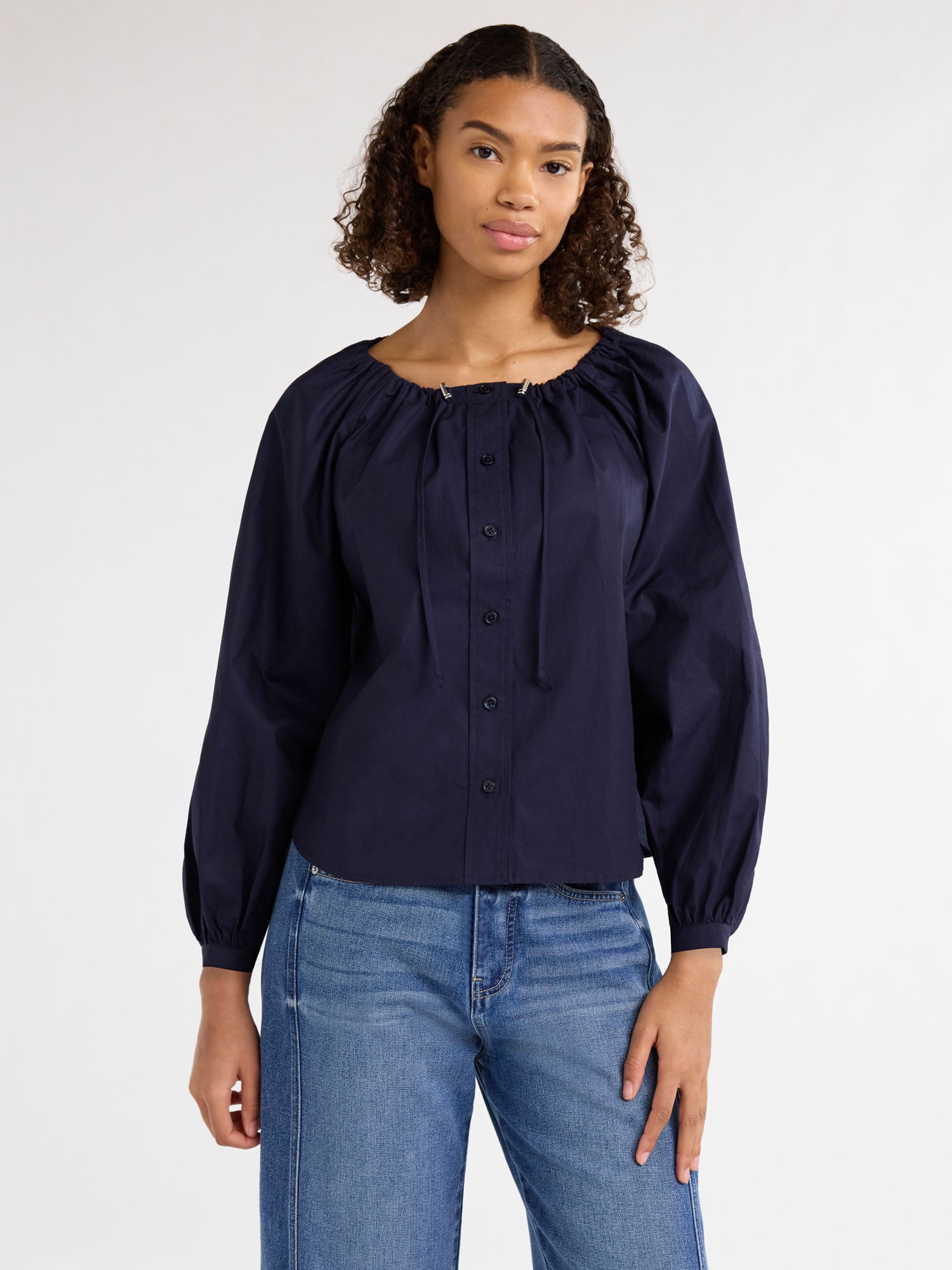 Free Assembly Women's and Women's Plus Gathered Neck Cotton Top with ...