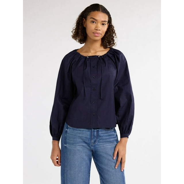 Free Assembly Women's and Women's Plus Gathered Neck Cotton Top with ...