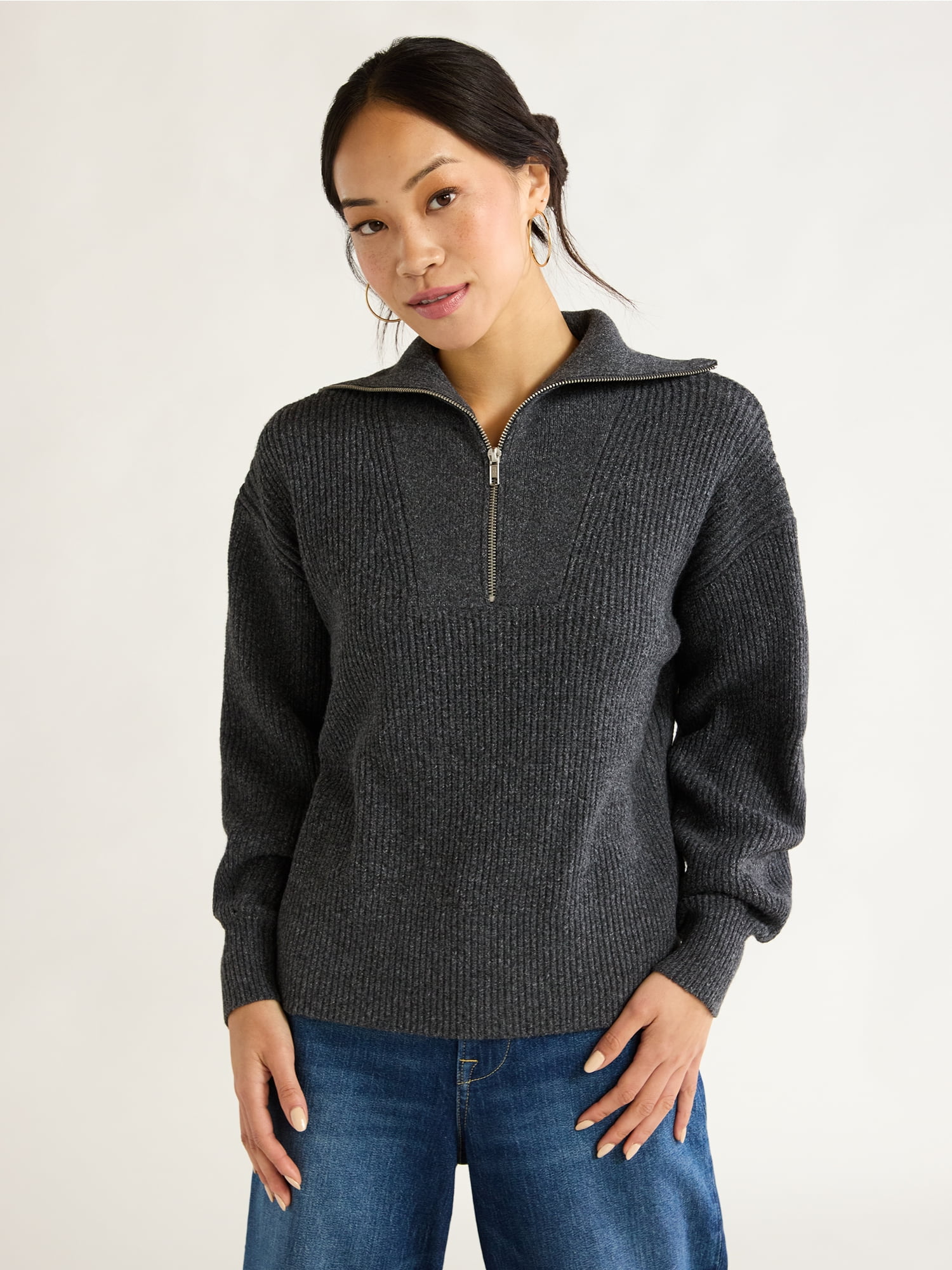 Free Assembly women's Half Zip Sweater - Ribbed Texture - Walmart.com