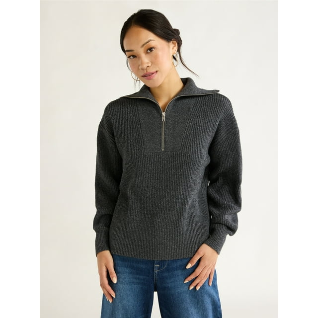 Free Assembly Women's Classic Relaxed Half Zip Sweater, Long Sleeves ...