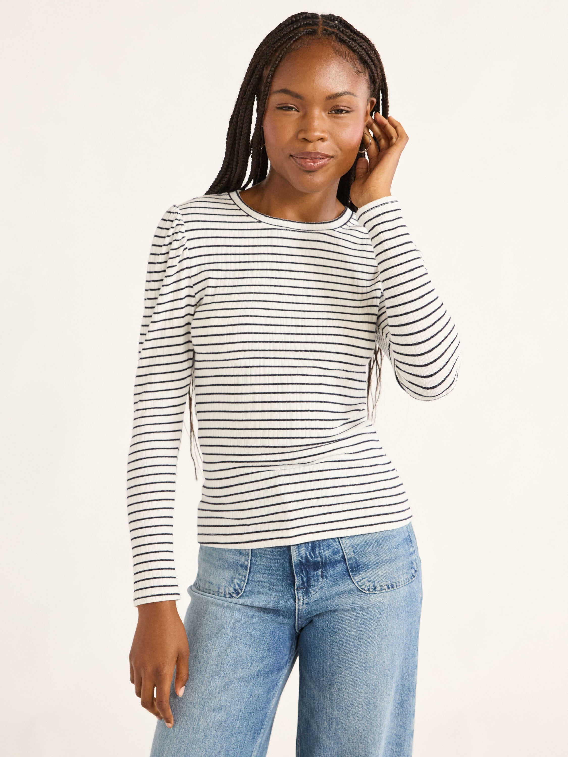 Free Assembly Women's and Women’s Plus Ribbed Top with Long Puff ...