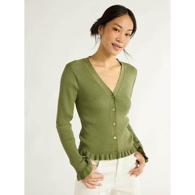 Free Assembly Women's Ruffle Hem Cardigan Sweater with Long Sleeves ...