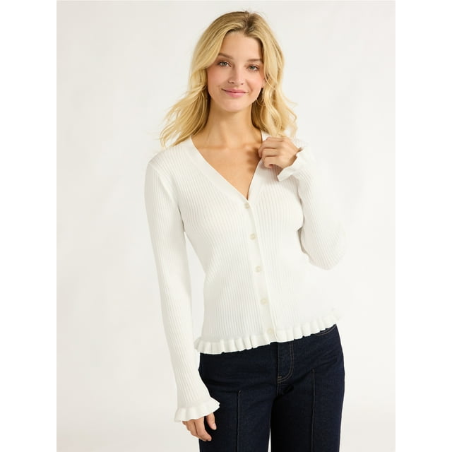 Free Assembly Women's Ruffle Hem Cardigan Sweater with Long Sleeves ...
