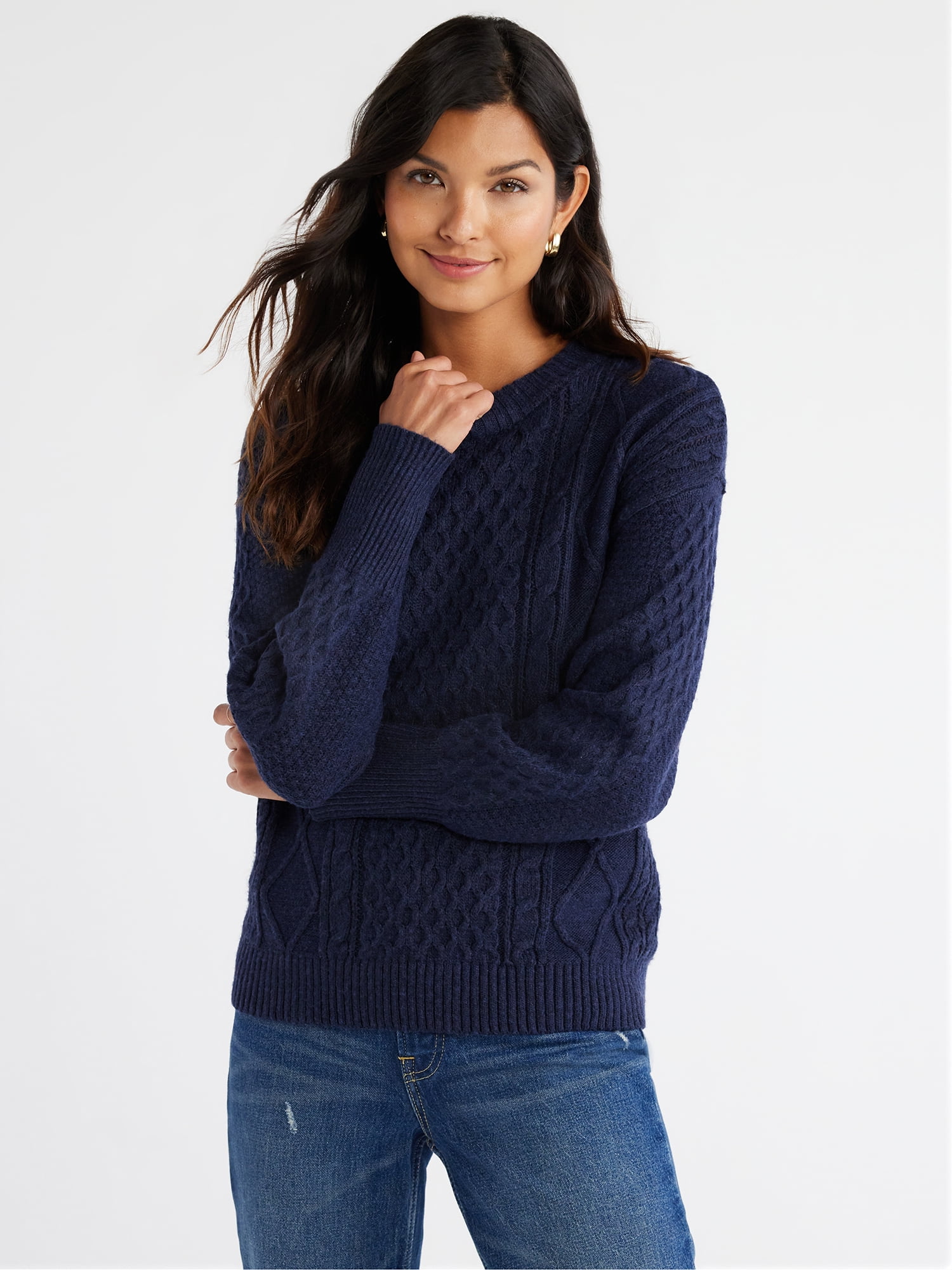 Free Assembly Women’s Mixed Cable Knit Sweater, Midweight, Sizes XS ...